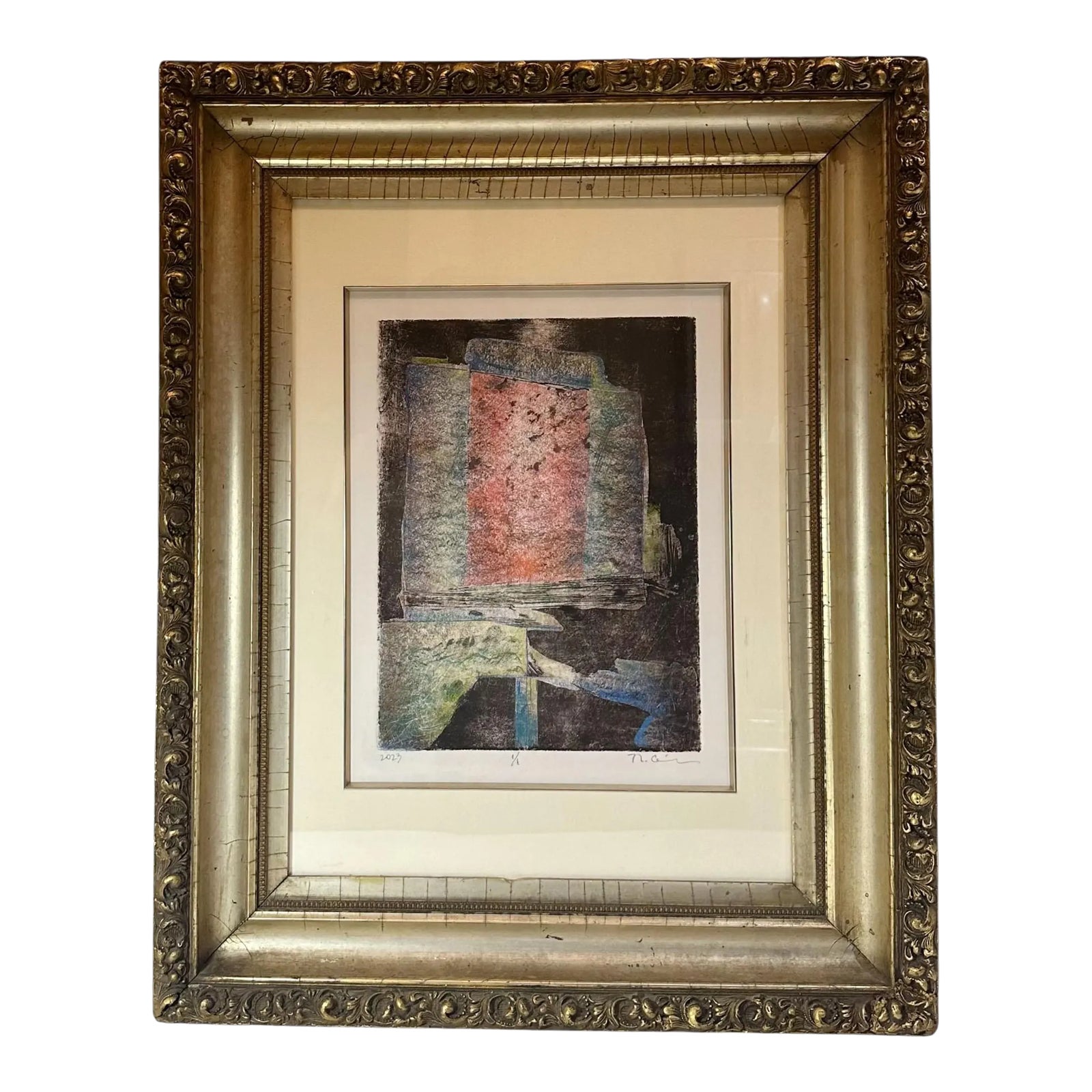 Vintage Print in Antique Silver Gilt Frame | Chairish