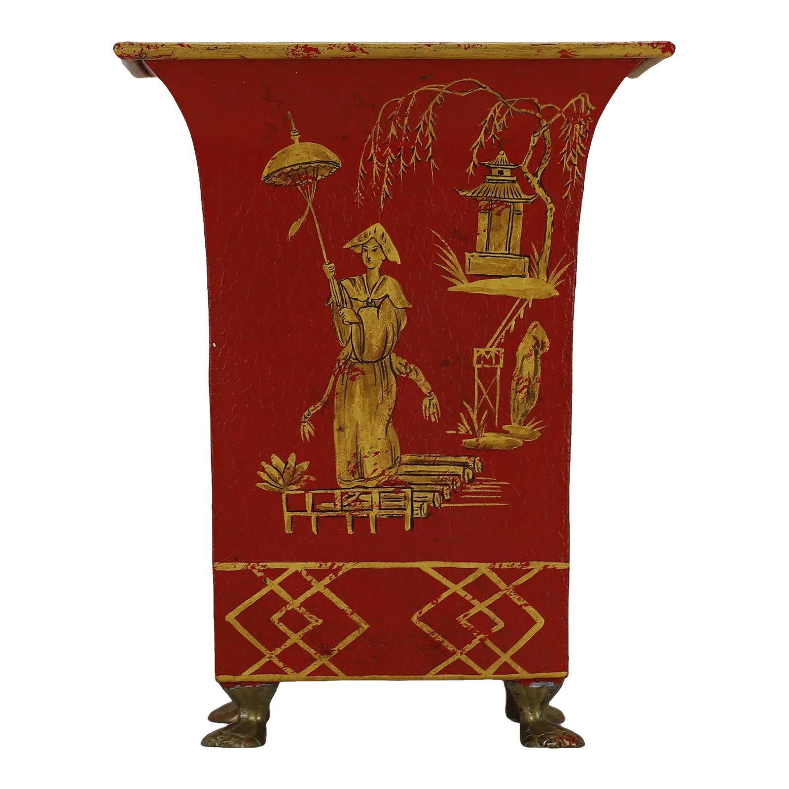 Vintage Neoclassical Tole Red Gilded Chinoiserie Flower Pot/Wastebasket ...