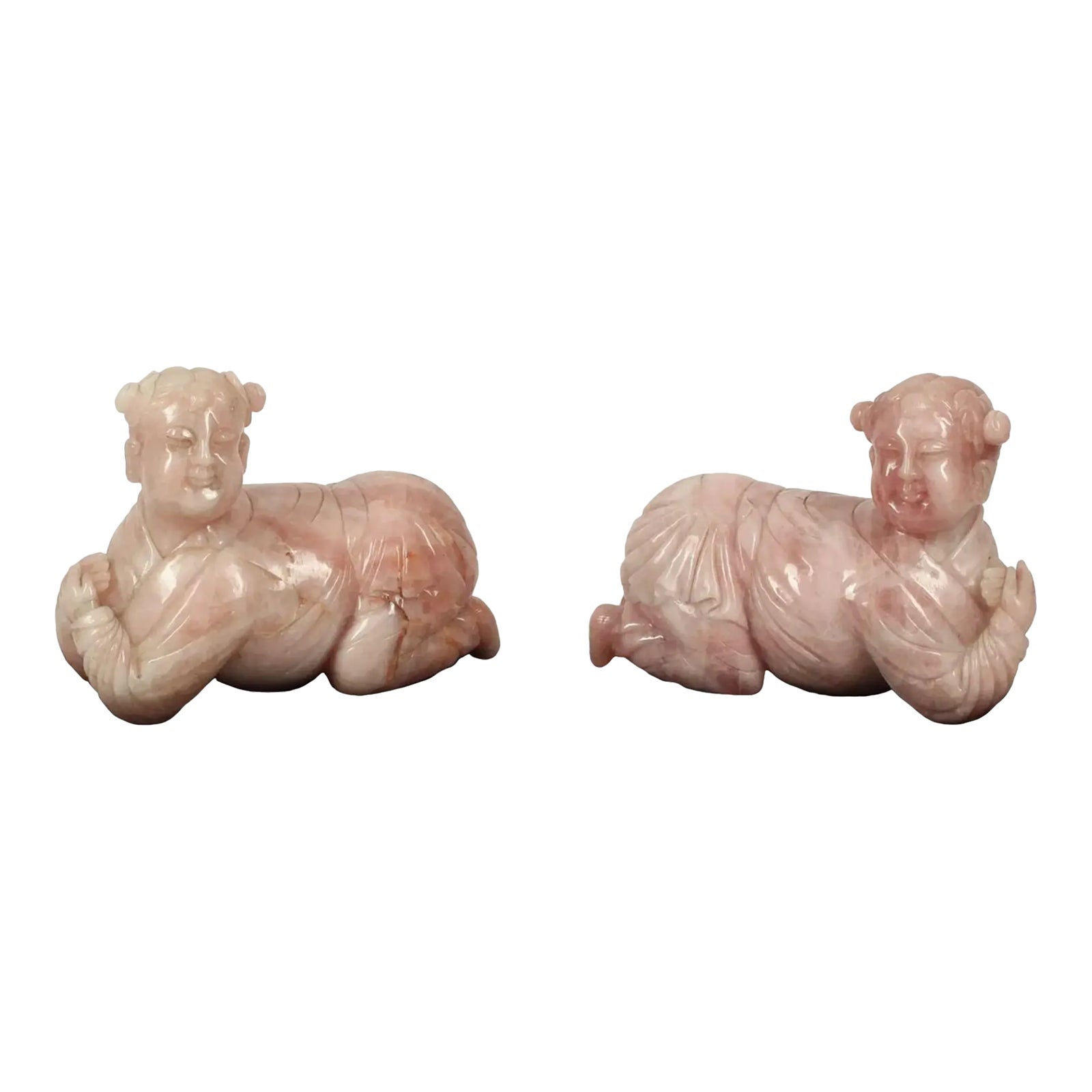 Pair of 19th Century Chinese Rose Quartz Figure Sculpture | Chairish