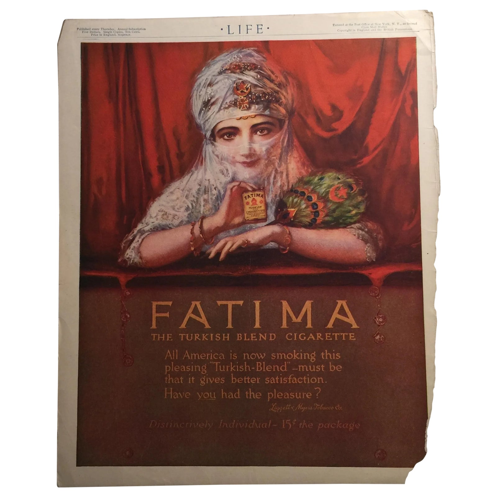 1914 Fatima Cigarette Ad Life Magazine | Chairish