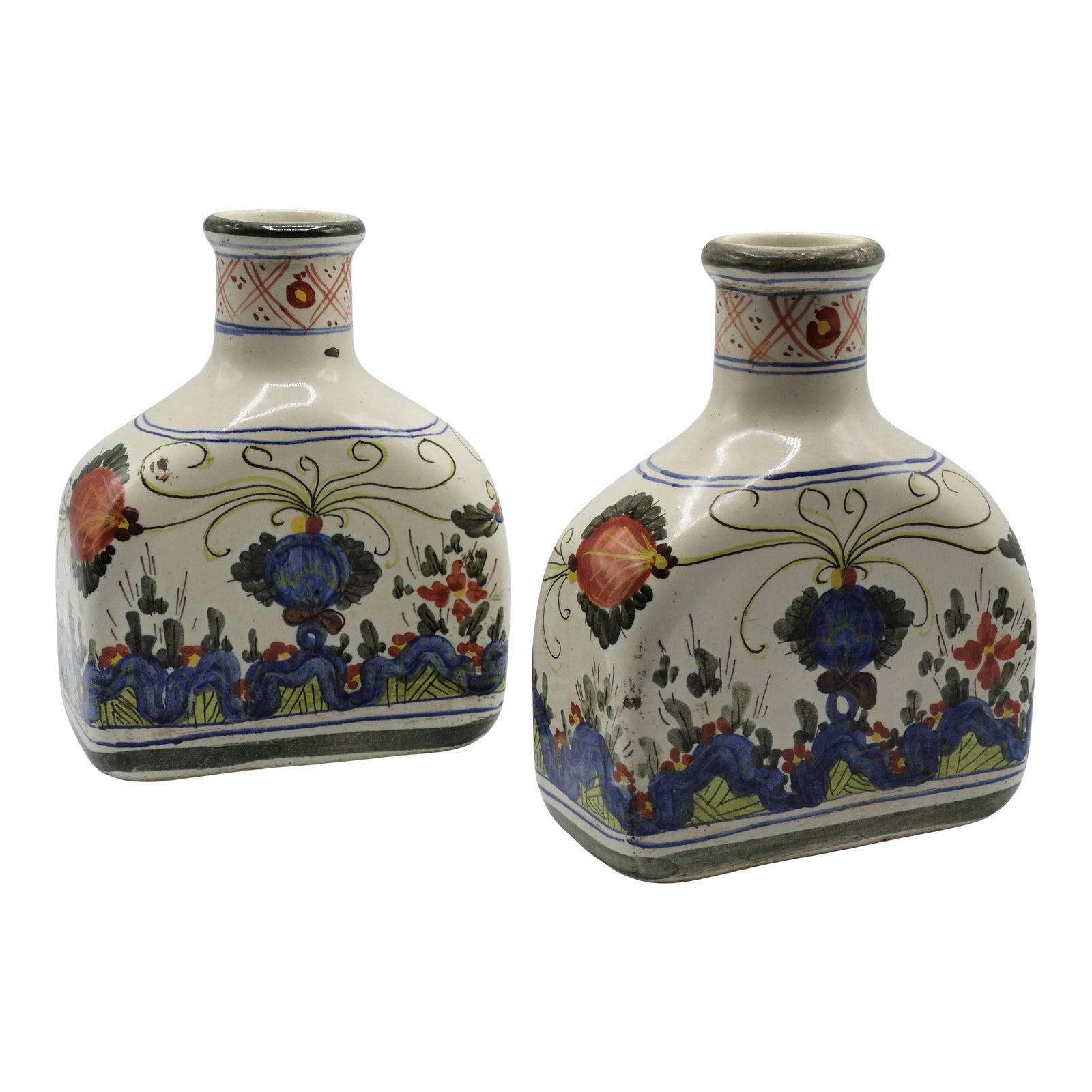 Antique Italian Faience Vases Flasks, Pair | Chairish