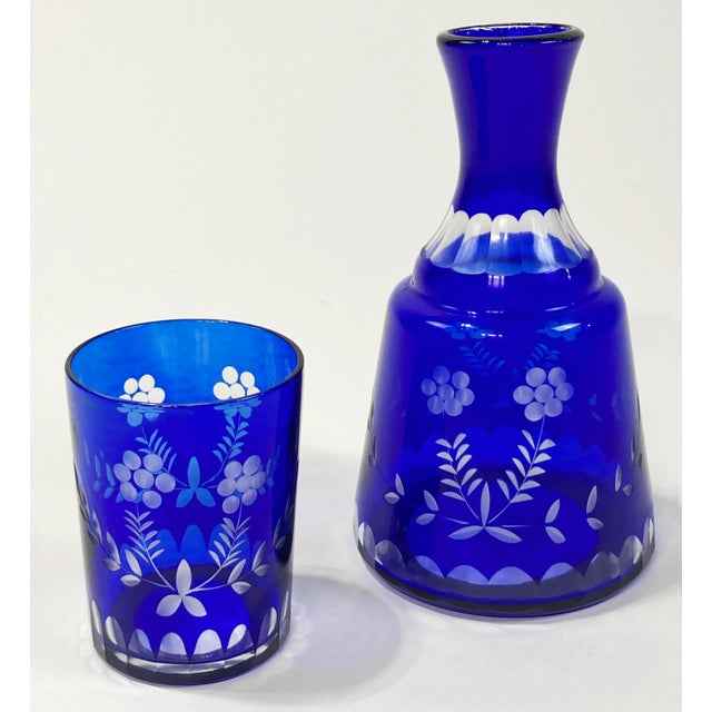 Bohemian Cobalt Cut Crystal Carafe and Glass | Chairish