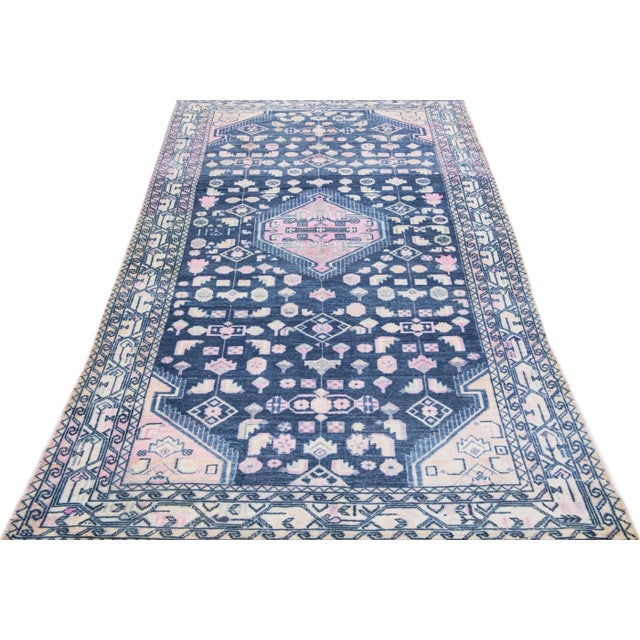 Vintage Persian Hamadan Shabby Chic Handmade Medallion Navy Blue Wool ...