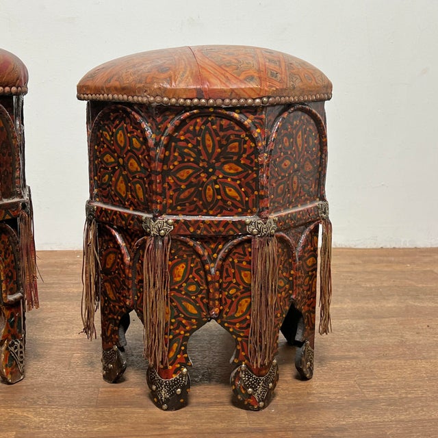 Late 20th C.. Moroccan Stools With Goat Hide Seats - a Pair | Chairish