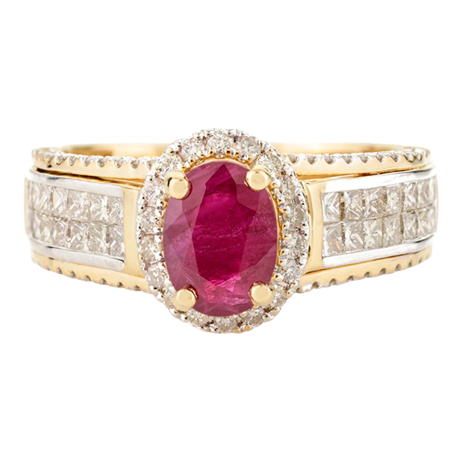 Oval Shaped Ruby & Cluster Diamond Cocktail Ring Size 7 | Chairish