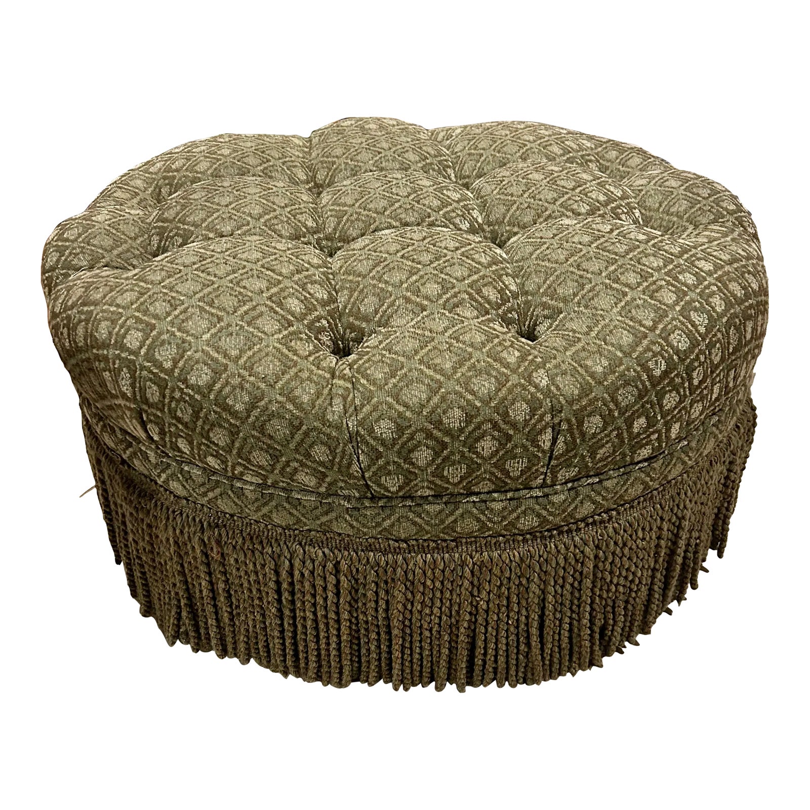 1980s Vintage Tufted Round Green Ottoman With Fringe | Chairish