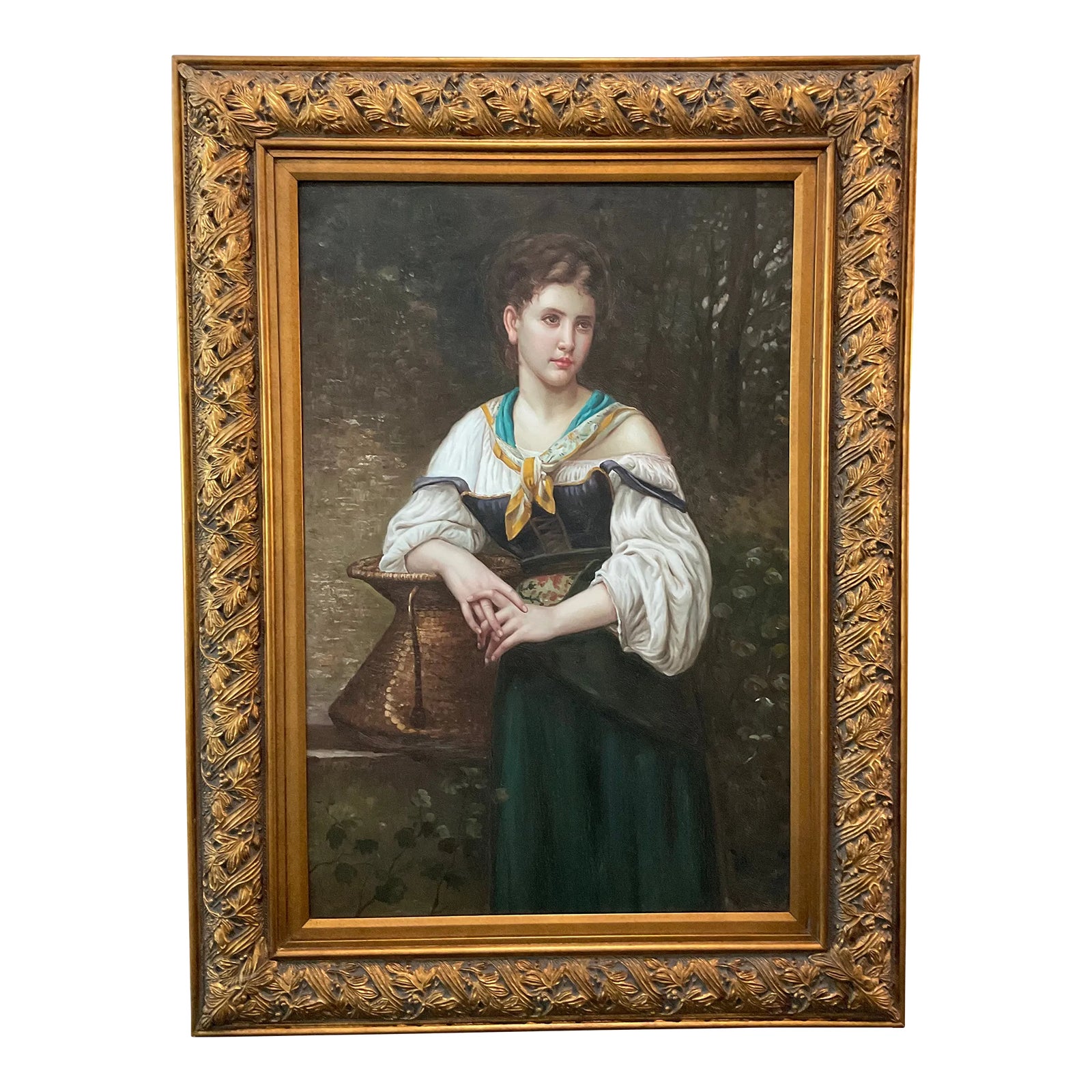 20th Century Gold Framed Oil on Canvas of Female Handmaiden | Chairish