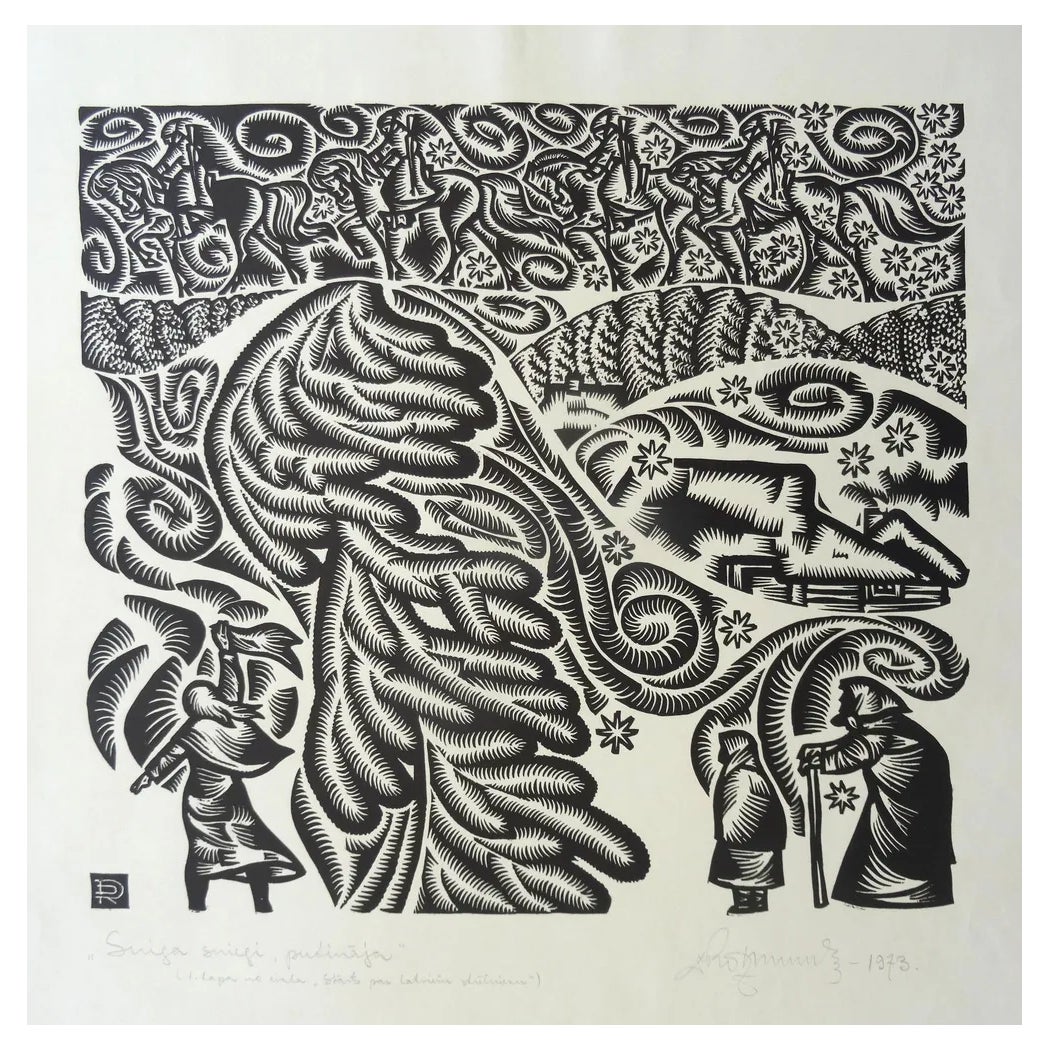 Dainis Rozkalns, The Snow Was Blowing, 1973, Linocut | Chairish