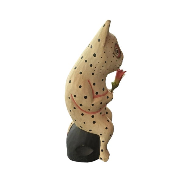 1970s Wooden Hand Carved Hand Painted Folk Art Cat Statue, Signed ...