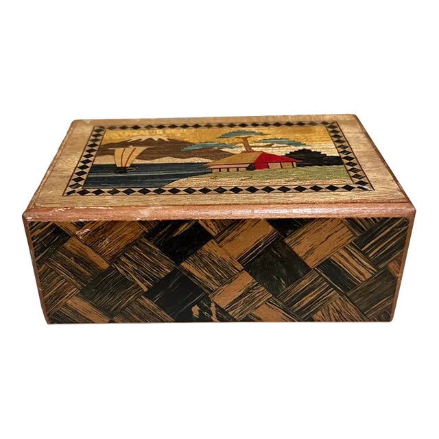 1950s Japanese Secret Puzzle Box Wood Inlay Mt Fuji Floral | Chairish