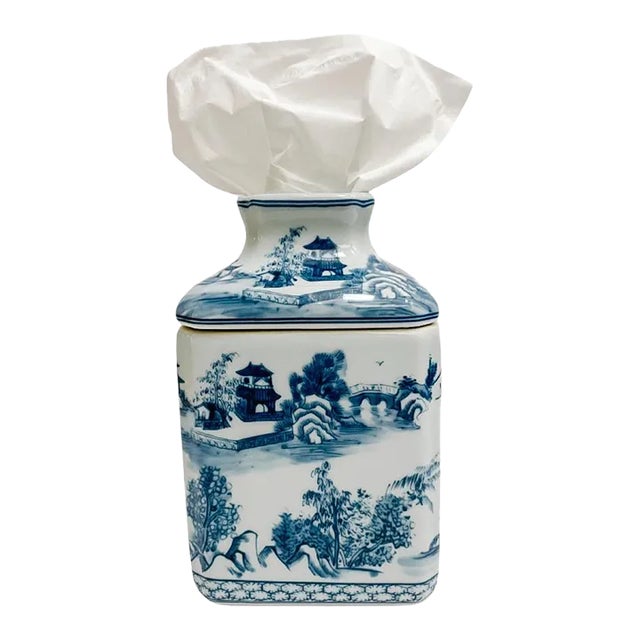 Blue & White Chinoiserie Ceramic Tissue Box Cover | Chairish