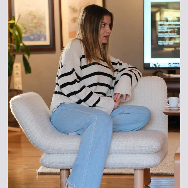 Cross Lounge Chair, Natural Wood, Crow's Feet Patterned Boucle White ...