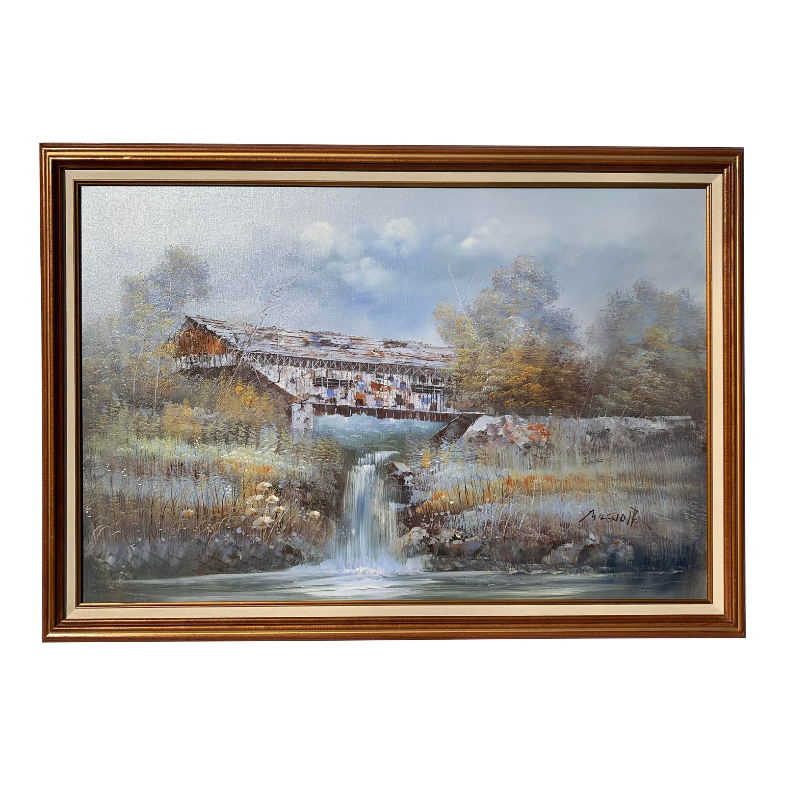 Blue Waterfall Painting In. Wood Frame | Chairish