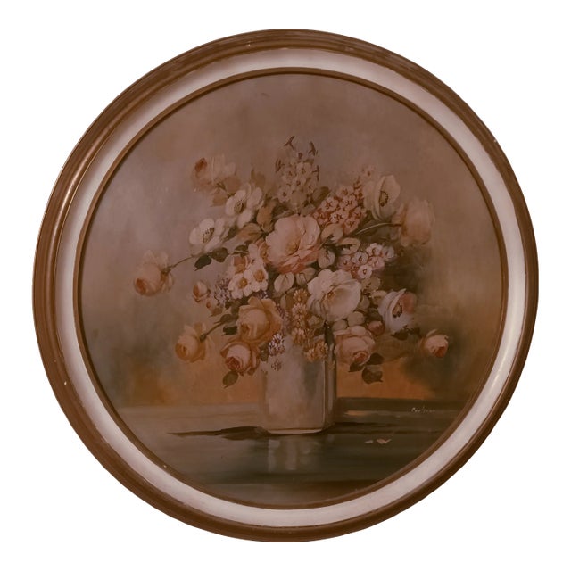 1950s Vintage Round Oil Painting | Chairish
