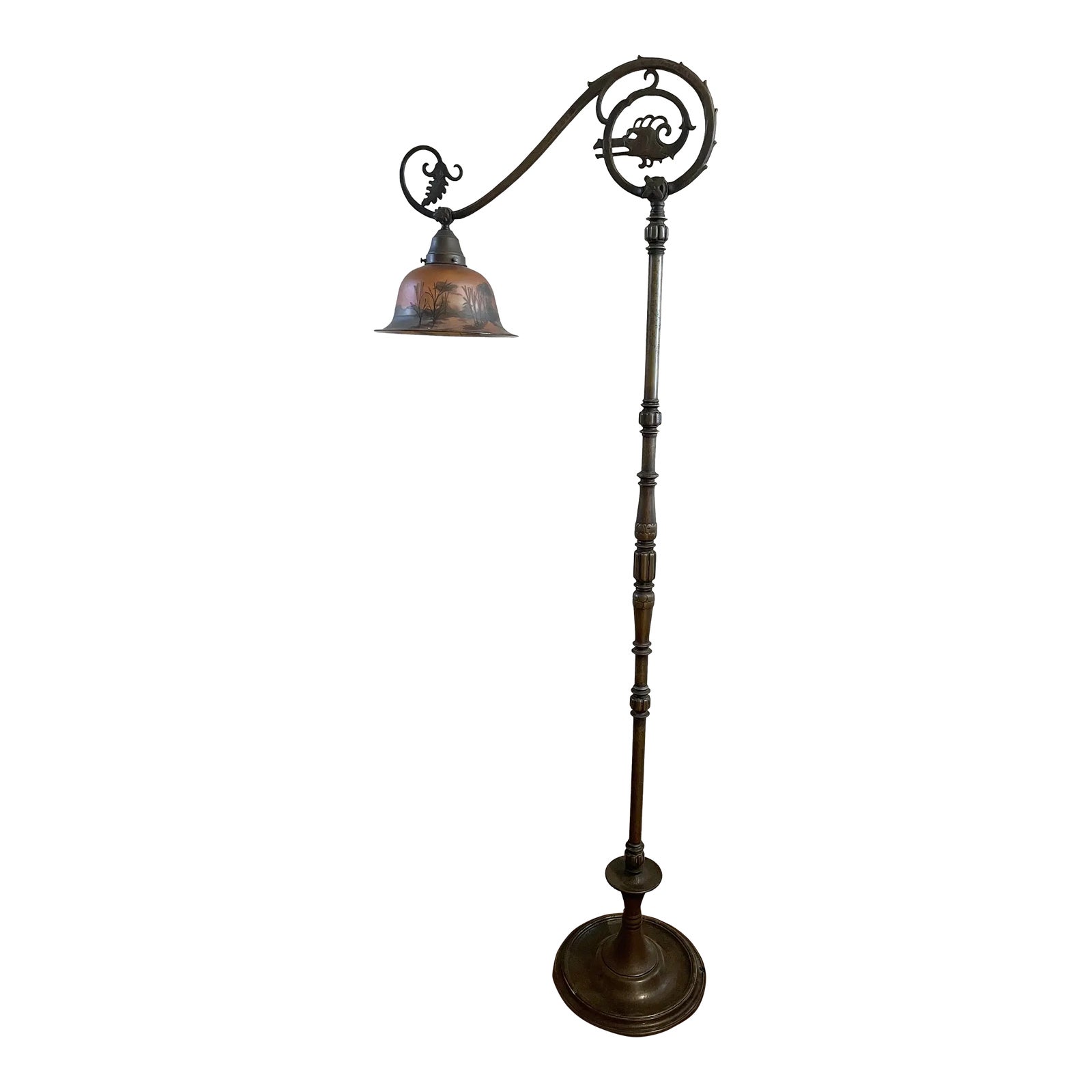 Vintage Bronze Bridge Floor Land Reverse Hand Painted Shade | Chairish