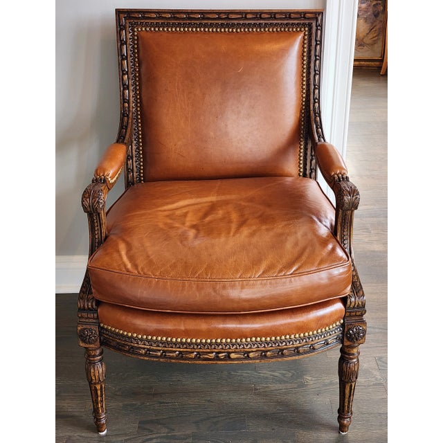 Lewis Mittman Genuine Leather Carved Wood St Laurent Fauteuil Accent ...