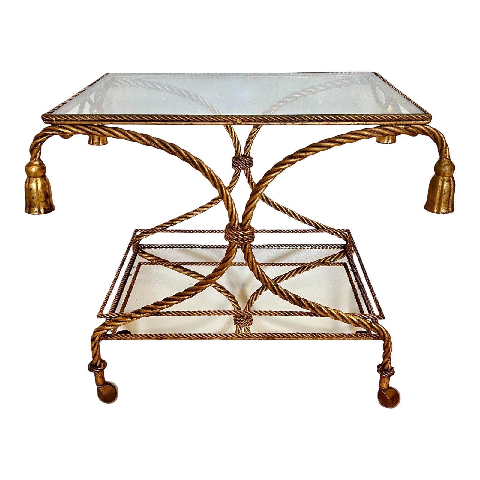 Italian Hollywood Regency Gilt Metal Rope and Tassel Bar Cart | Chairish