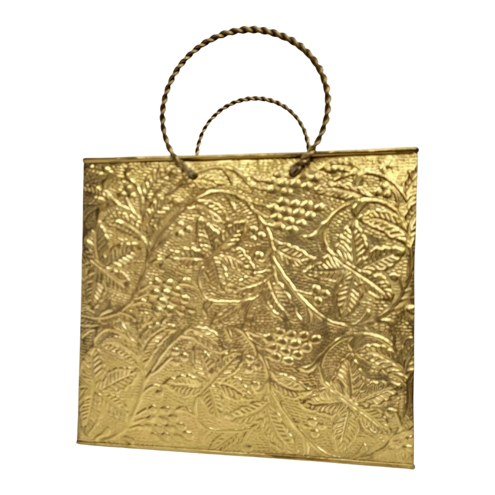 Vintage Brass Embossed Leaves Shopping Bag Magazine Stand | Chairish