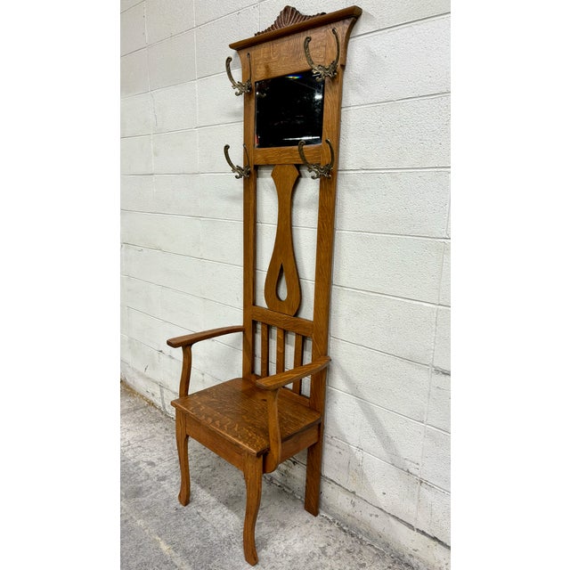 Antique Arts and Crafts Mission Oak Hall Stand and Bench | Chairish