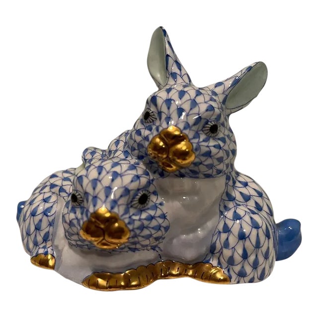 Herend Blue Fishnet "Pair of Rabbits Snuggling" Figurine | Chairish