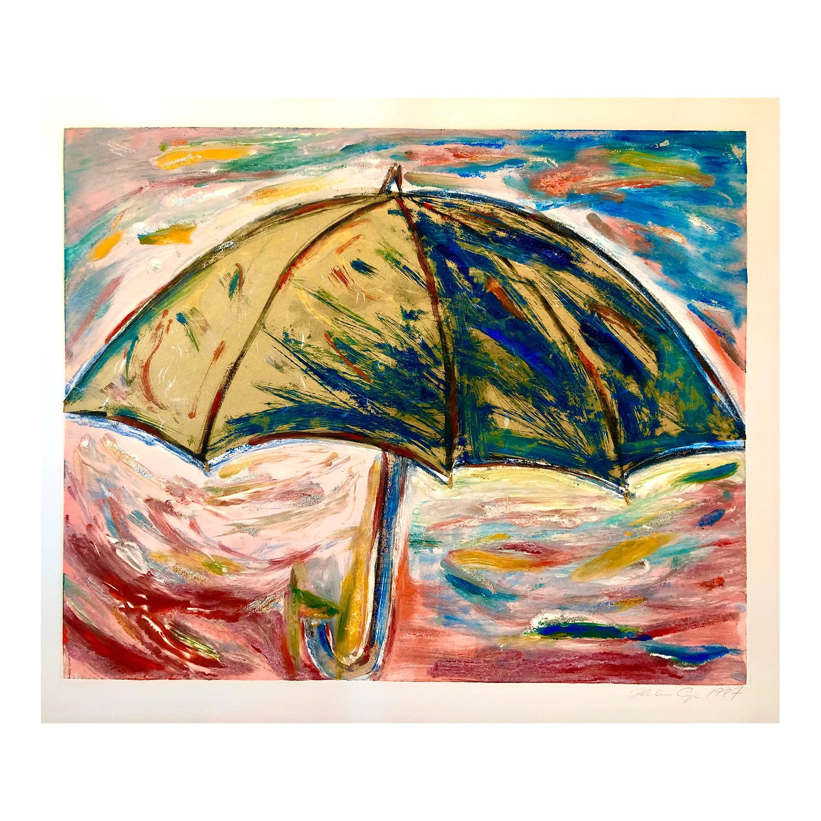 Helen Oji, Umbrella, Monotype with Hand Painting, Glitter, Asian ...