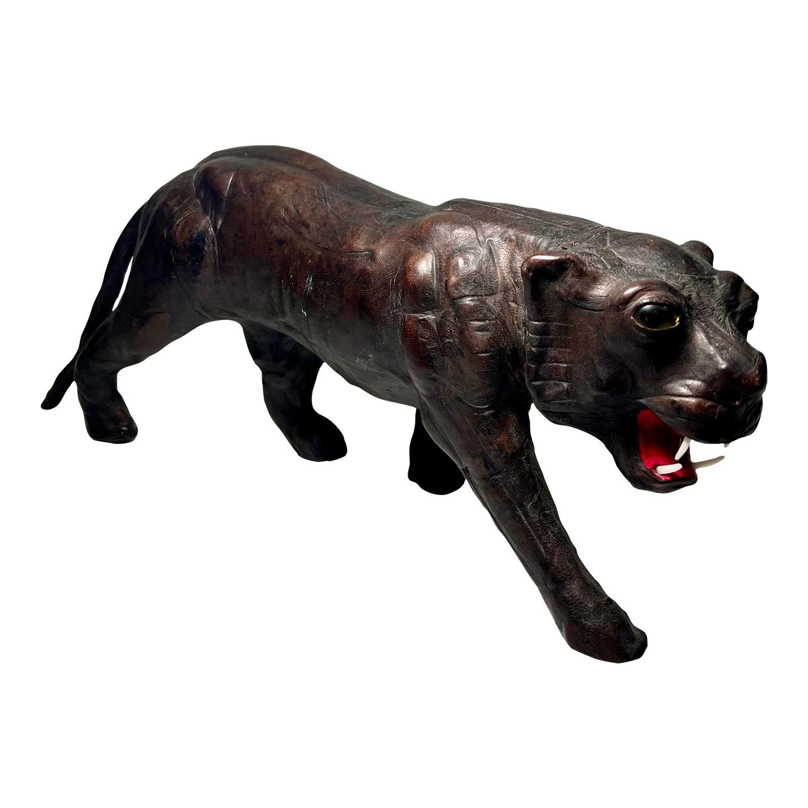Vintage Mid Century Leather Wrapped Black Panther Figurine | Chairish