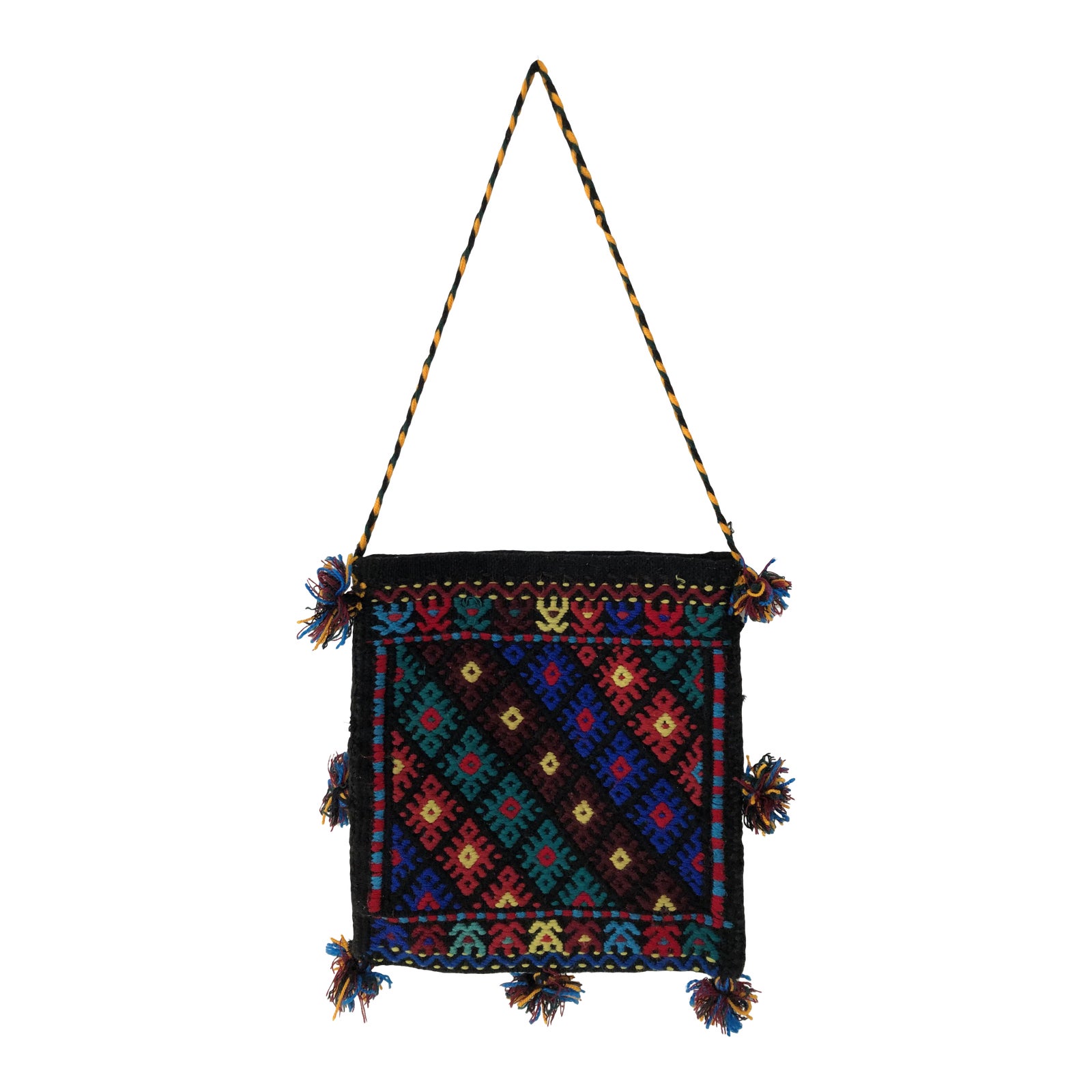 Vintage Bohemian Handmade Kilim Flat-Weave Wall Hanging Book Bag | Chairish