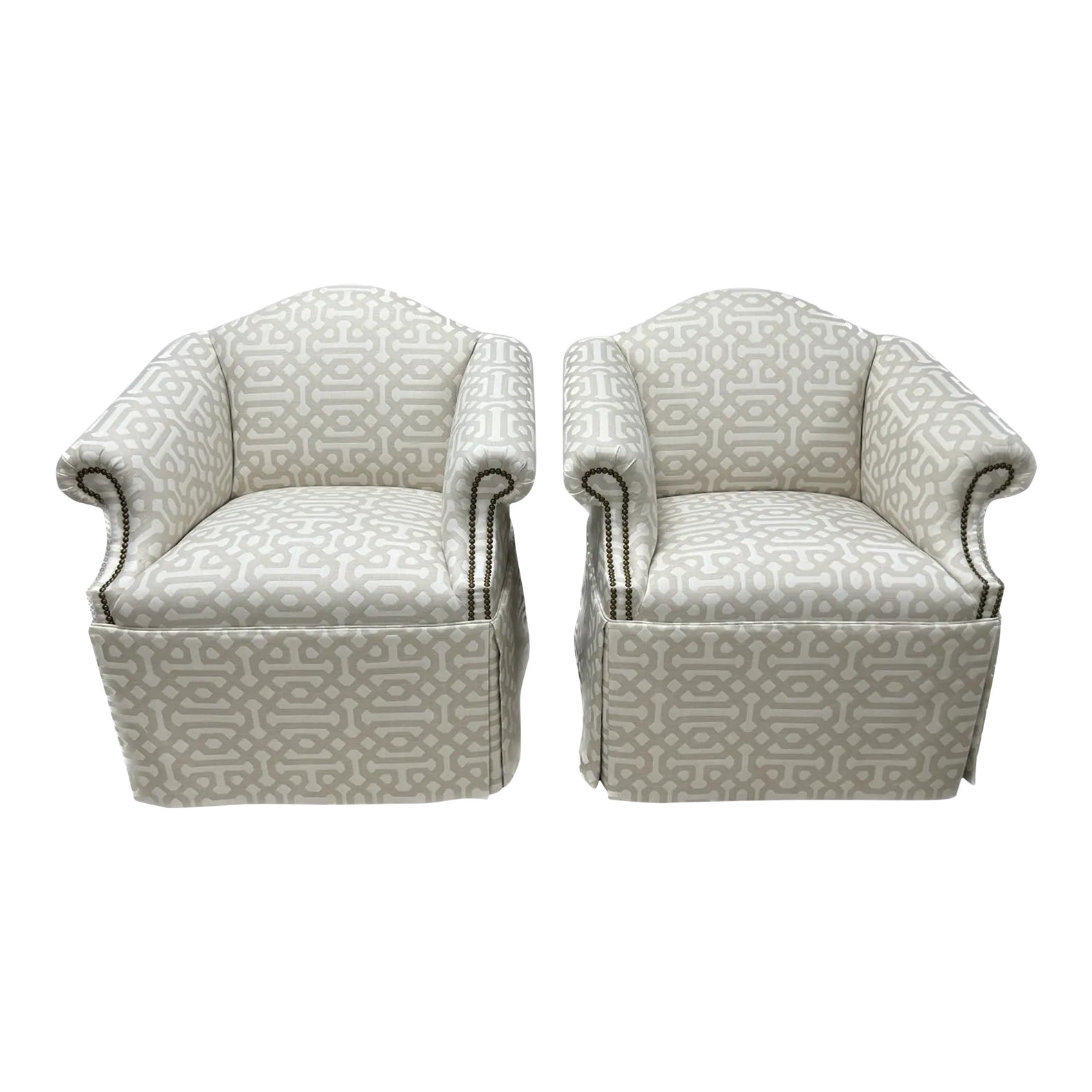 Pair of Contemporary Camelback Chairs in White-Cream Linen Fabric With ...