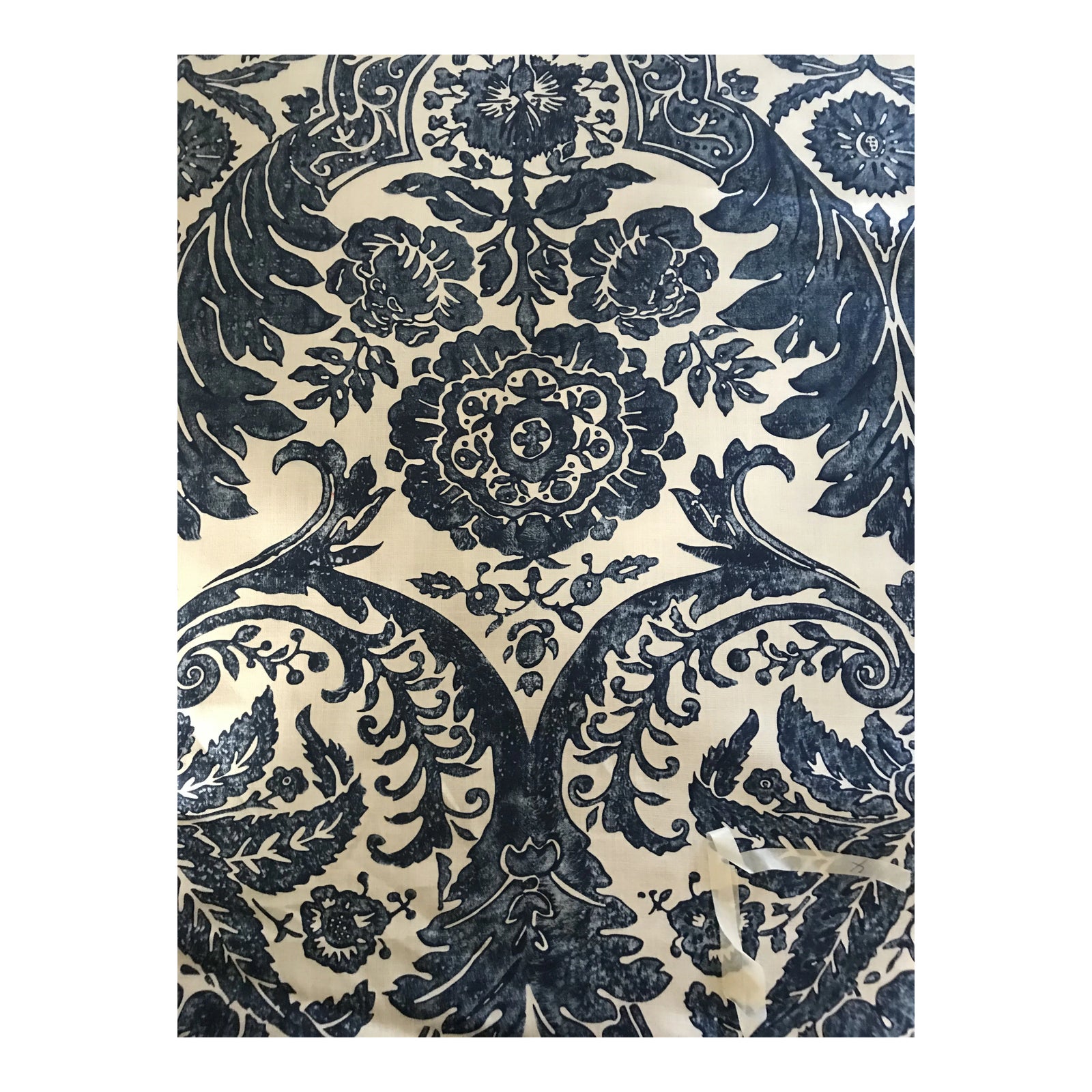 Scalamandre Luciana Damask Linen Print Denim Fabric - 4 Yards | Chairish