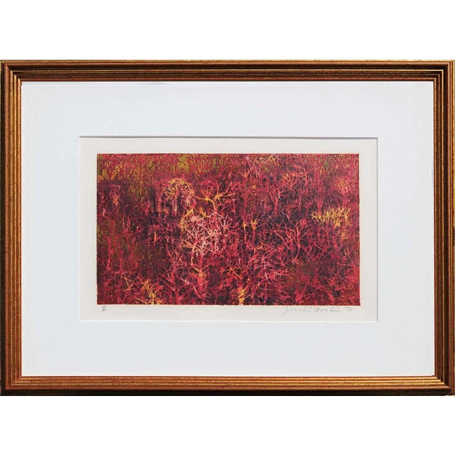 1974 Abstract Woodblock Monochromatic Monoprint of a Forest Landscape ...