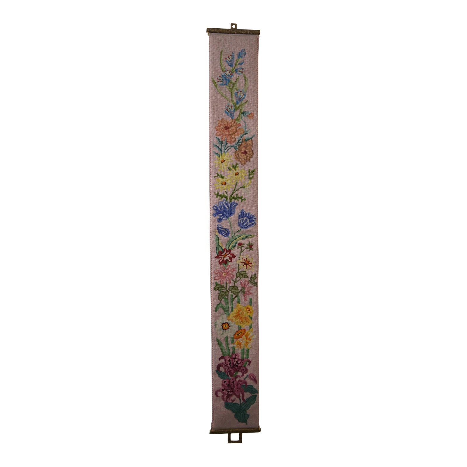 Vintage Floral Embroidered Needlepoint Wall Tapestry Panel Bell Pull ...