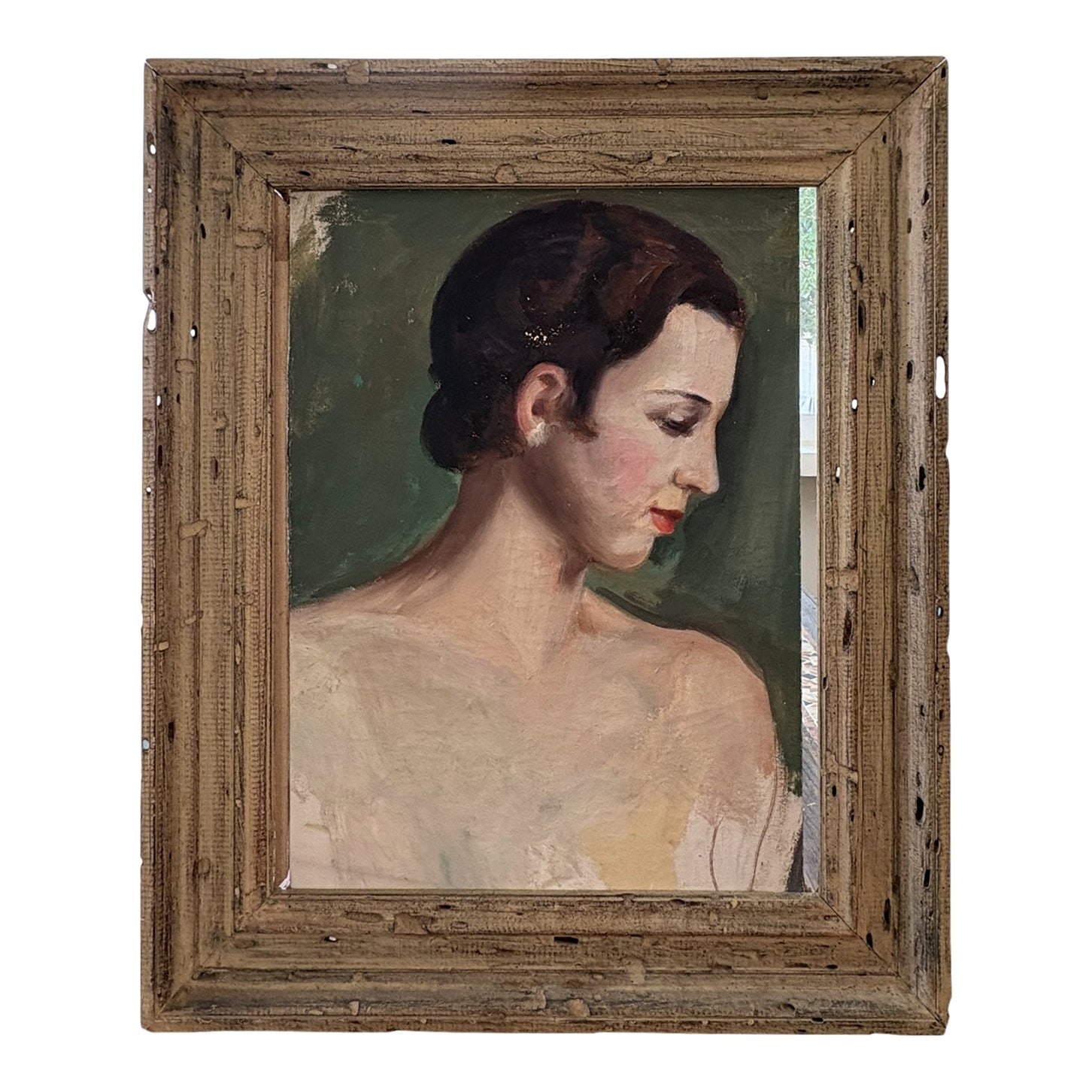 Vintage Portrait Painting of a Woman in Rustic Wormwood Frame | Chairish