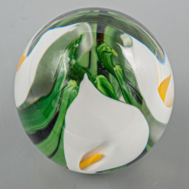 1999 Peter Raos Art Glass Calla Lilies Domed Paperweight | Chairish
