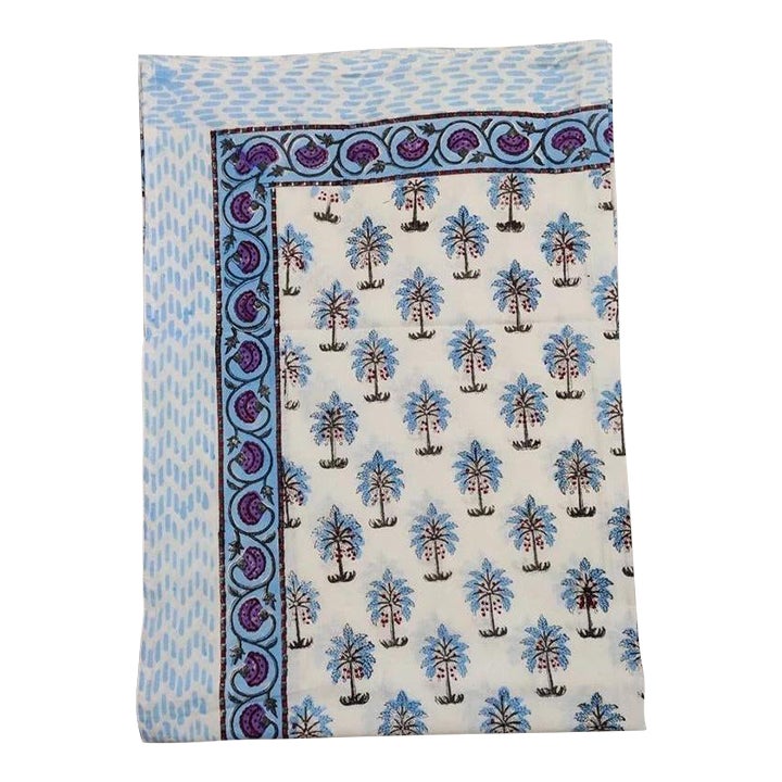 Hand Block Printed Light Blue Palm Tree Tablecloth, 60" x 90" | Chairish