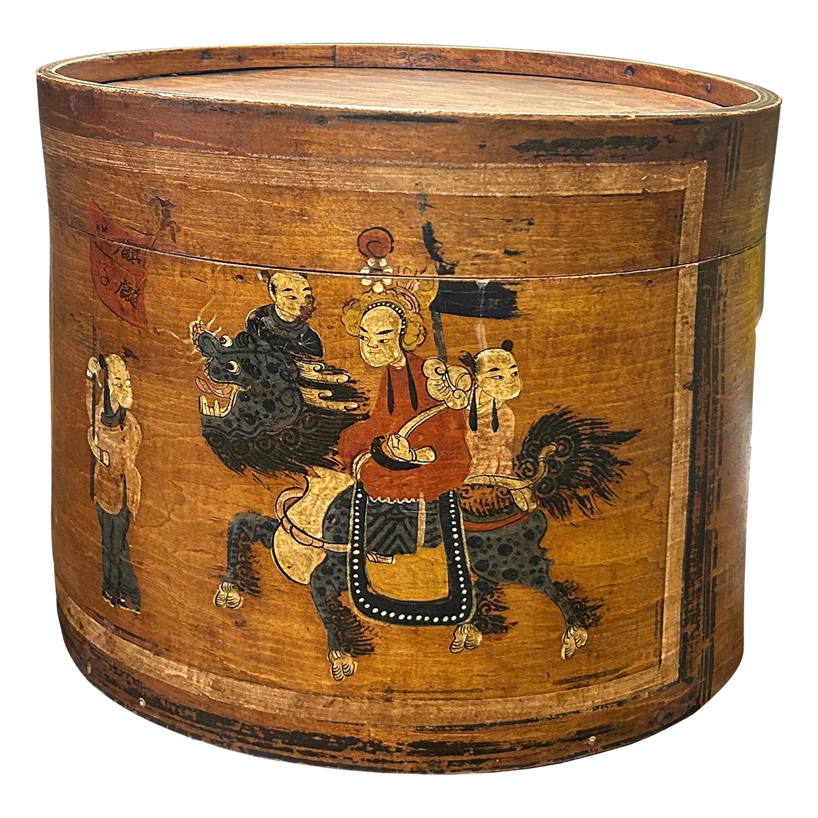Vintage Chinese Kids Play W Kirin Graphic Round Wood Box Bucket | Chairish