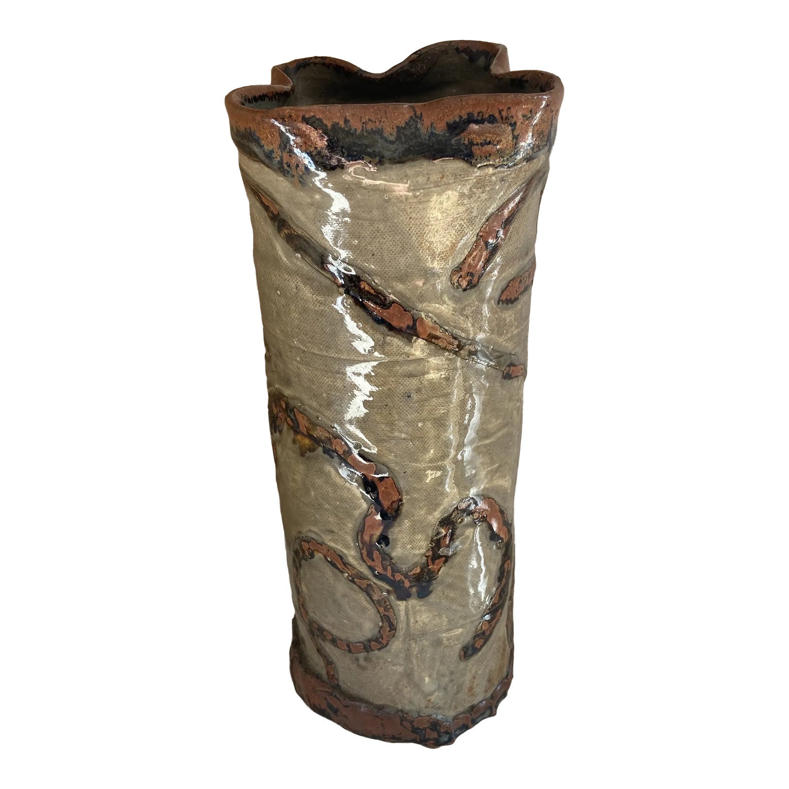 Vintage Studio Slab Pottery Slip Glaze Vase | Chairish