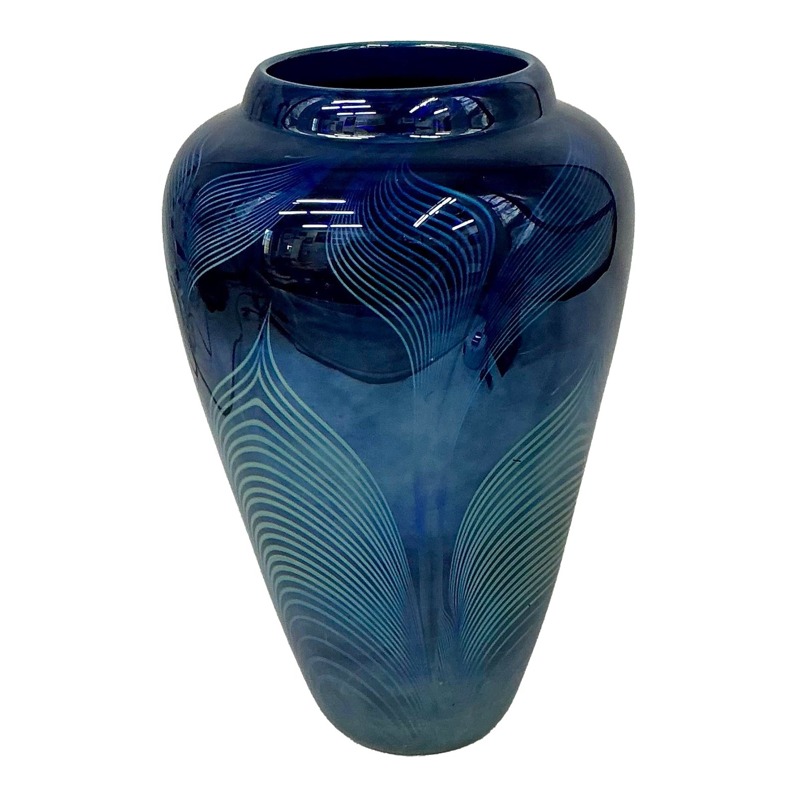 Randy Strong Art Glass Iridescent Cobalt Pulled Feather Vase | Chairish