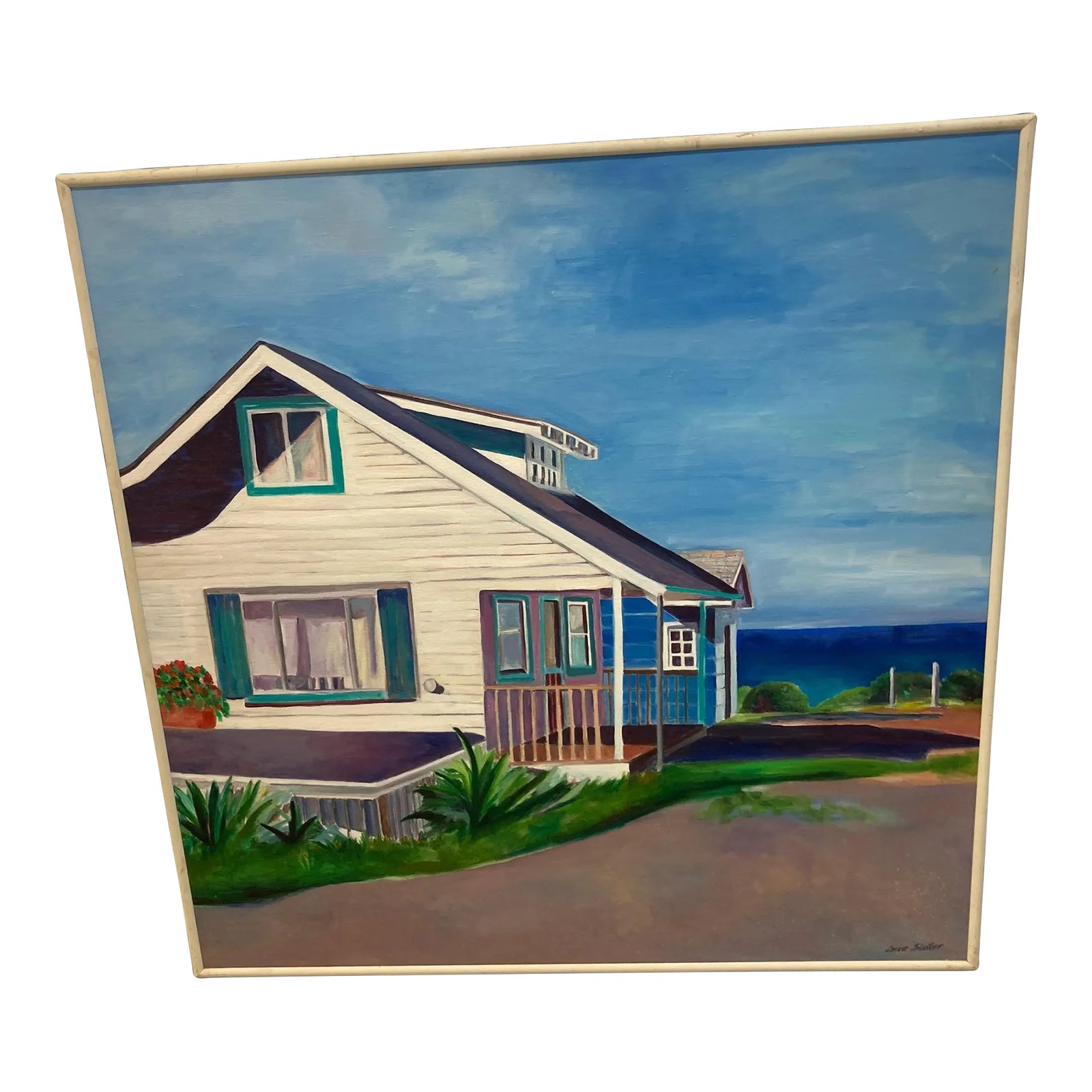 Sue Slater Realist Beach Cottage Painting, Framed | Chairish
