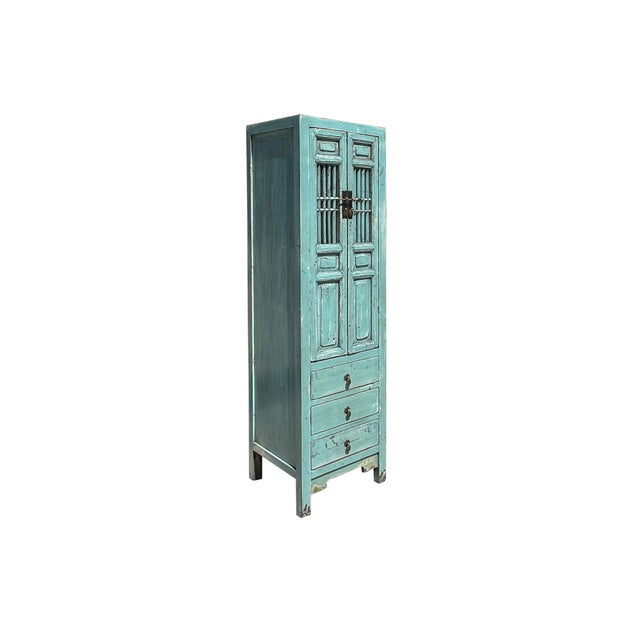 Distressed Turquoise Blue Slim Wood Carving Shutter Doors Storage ...