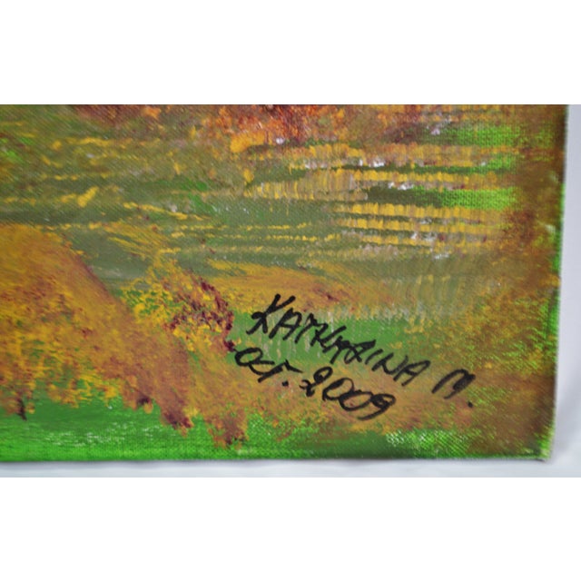 Vintage Large Oil on Canvas Landscape Painting W/ Natural Leaf Applique ...