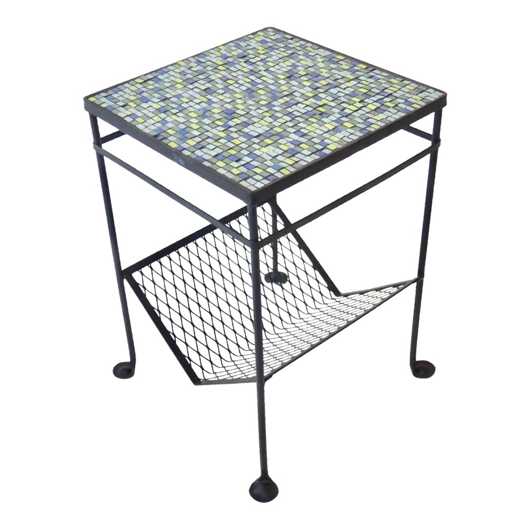 1950s Restored Mosaic Top Wrought Iron Table With Magazine Rack | Chairish