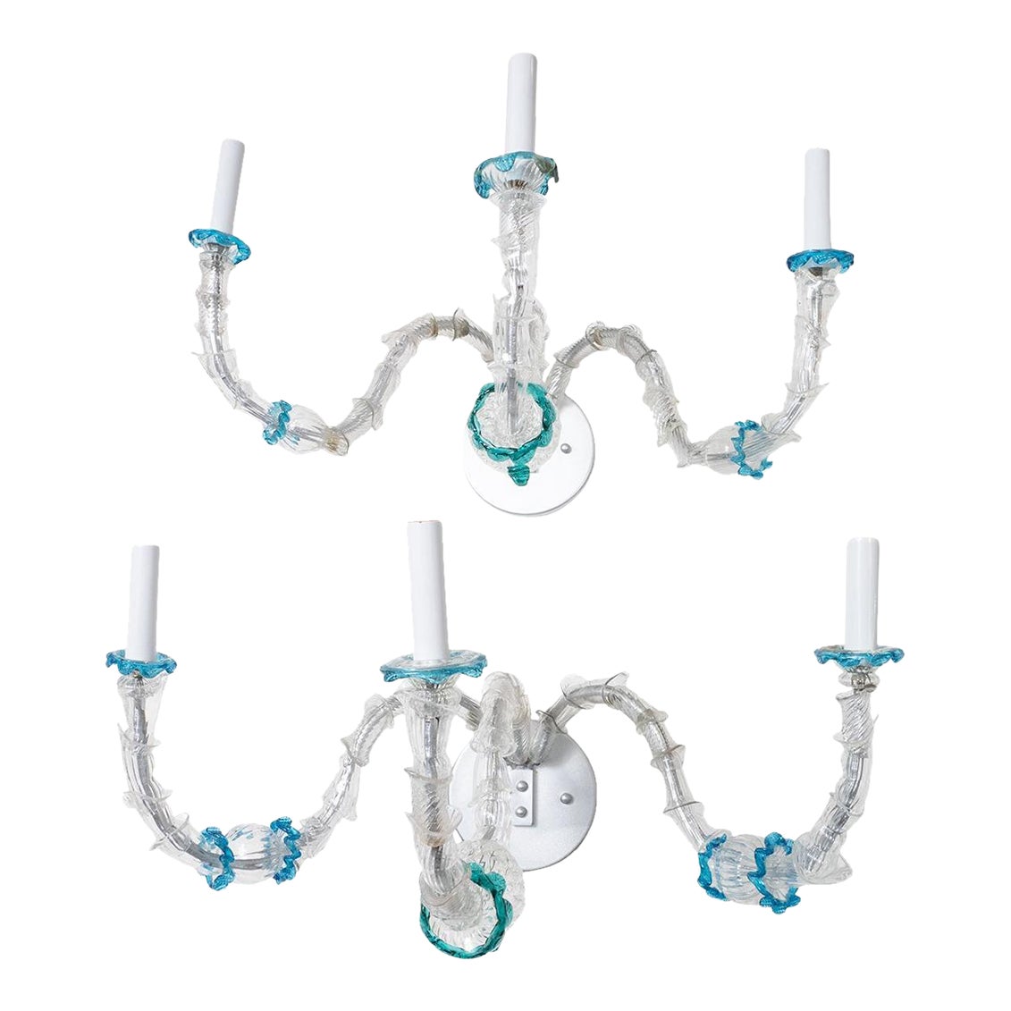 Foliate 3-arm Glass Tendril Sconces - a Pair | Chairish