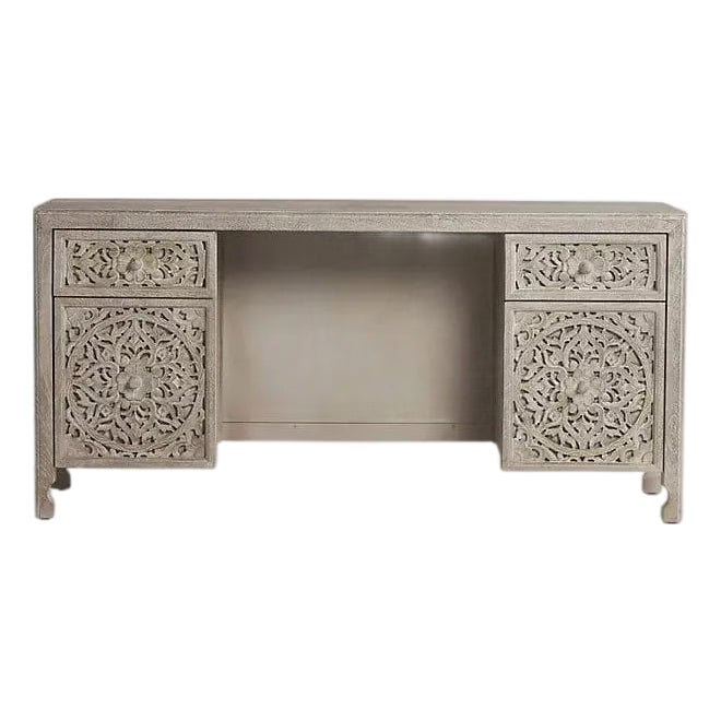 Handcarved Lombok Executive Desk Carving White-Washed Furniture | Chairish