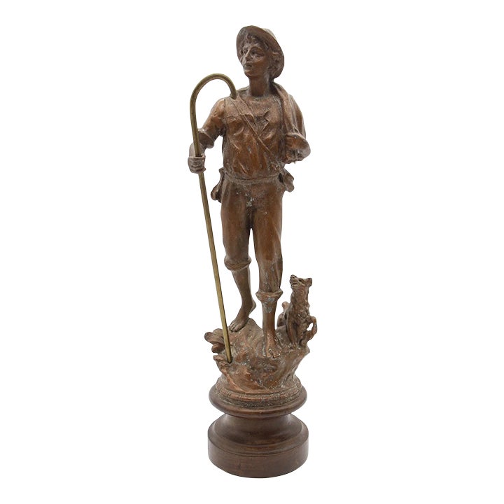 Mid 20th Century Handmade Copper Washed Man & Dog Statue With Wooden ...