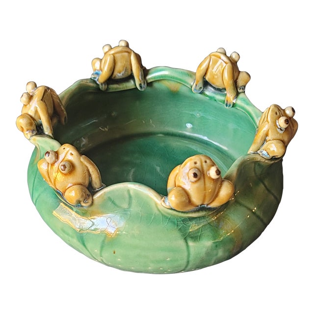 Vintage Majolica Frog Planter 6 Frogs on Leaf Cachepot Plant Pot Bowl ...