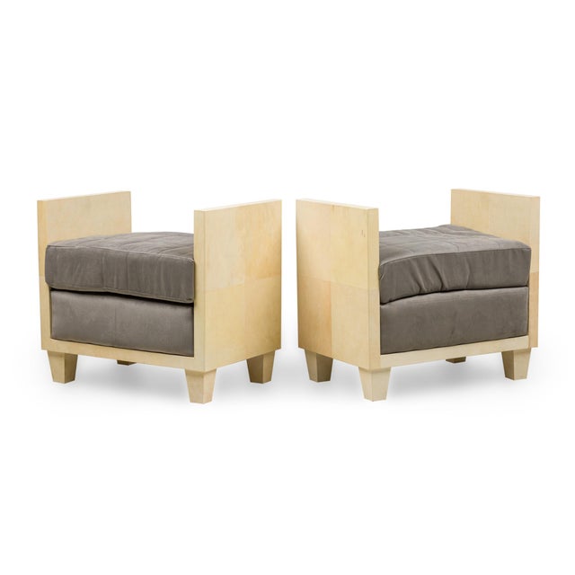 Mid-Century American Parchment Covered Upholstered Benches (Manner of ...