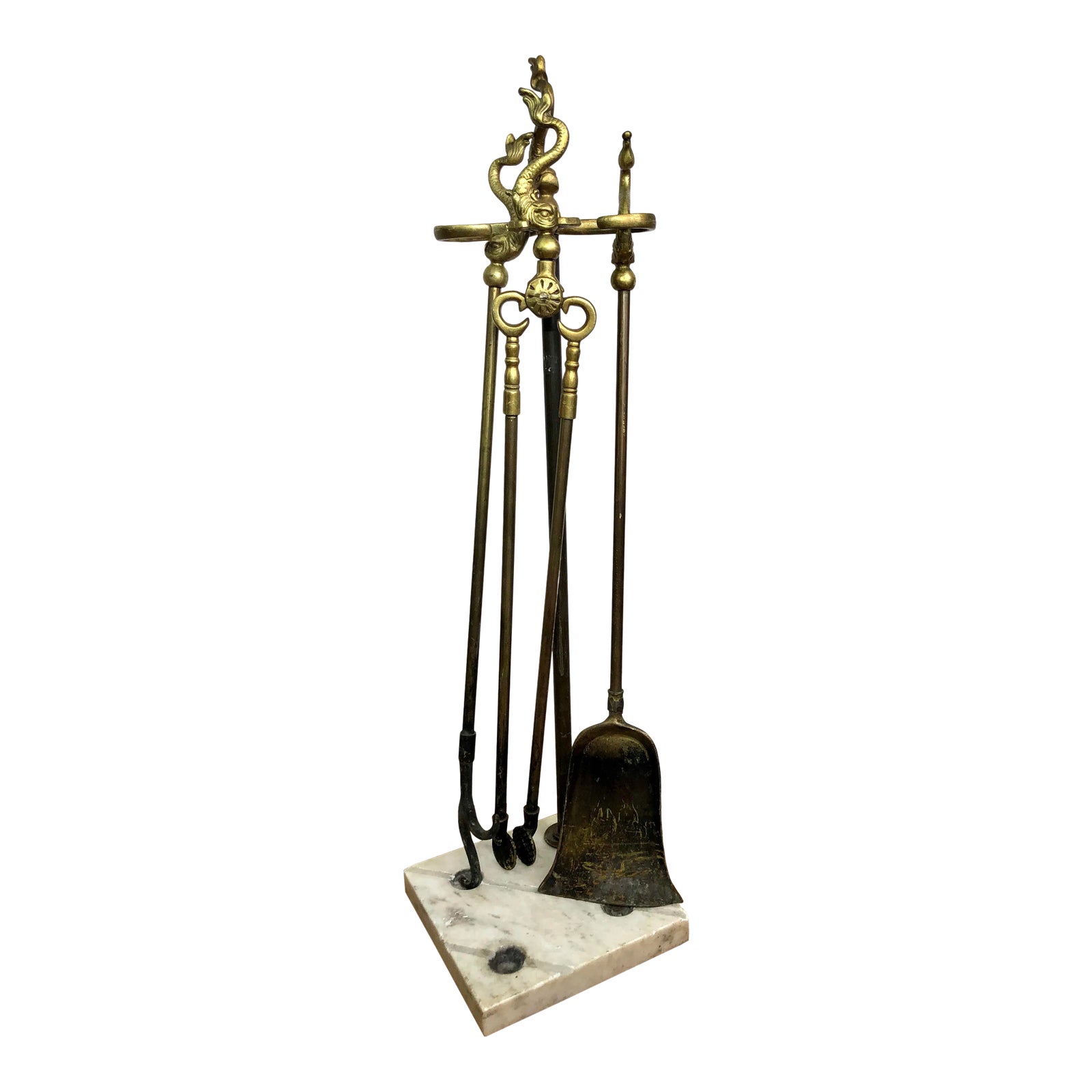 Dolphin Brass Fireplace Tool Set With Marble Base | Chairish