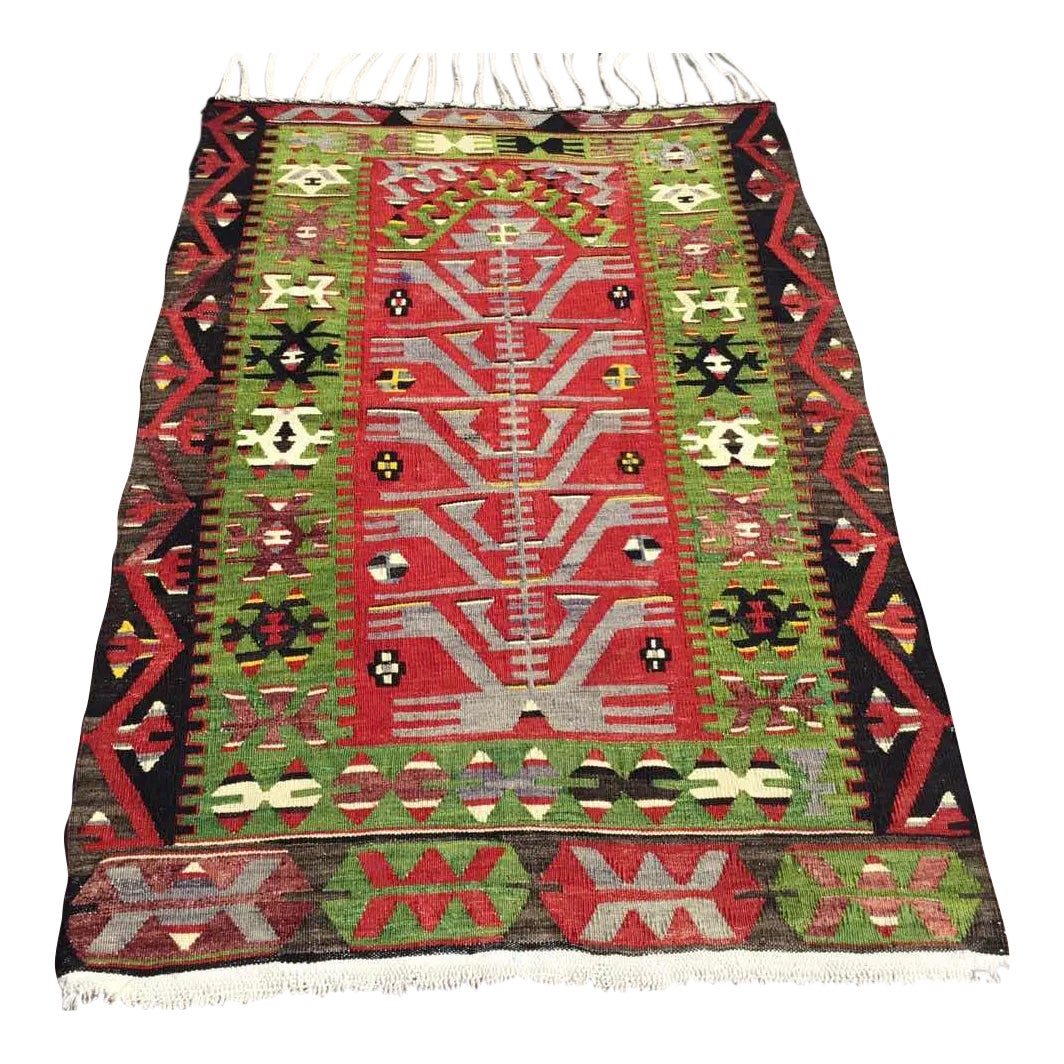 Vintage Green Turkish Kilim Rug - 38" X 53.5" | Chairish