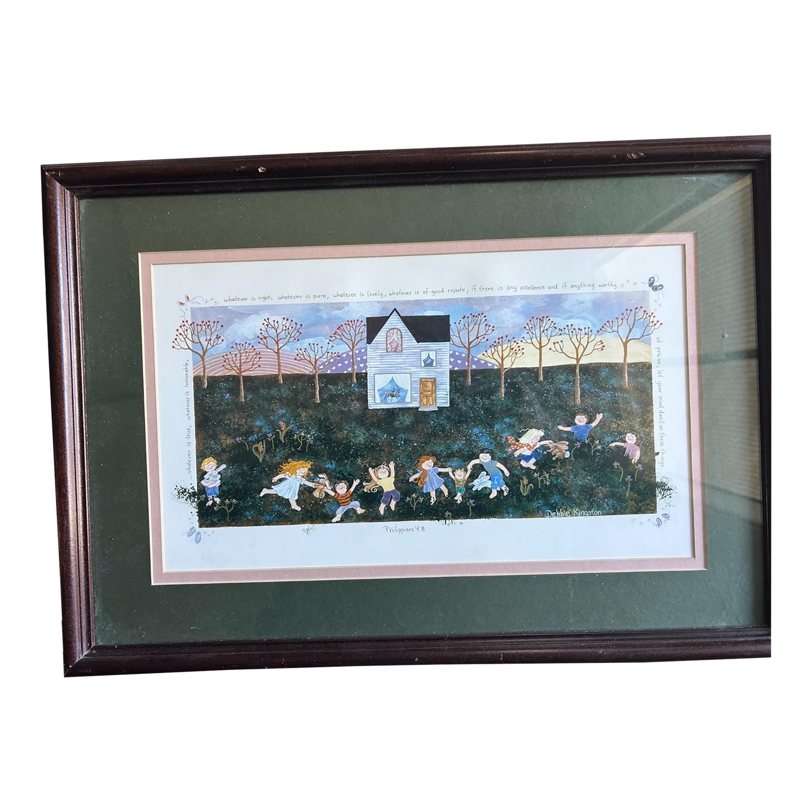 1990s Folk-Art Style Print Titled "Philippians 4:8" by Debbie Kingston ...