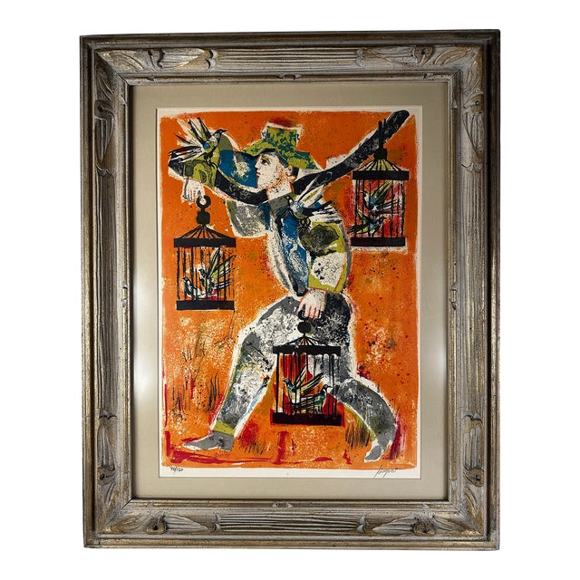1960s "Bird Vendor" Signed Lithograph by Pierre Jacquot 70/120, Framed ...